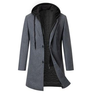 Generic Manteau Homme Hiver,Mens Anoraks - Manteau classique pour hommes Trench-Coat en laine m&eacute;lang&eacute;e pardessus coupe-vent business avec capuche amovible ver