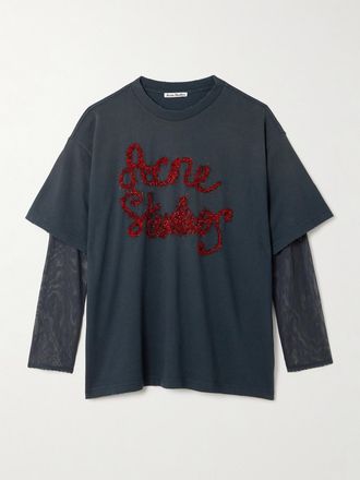 Acne Studios T-shirt À Manches Longues En Résille Et En Jersey De Coton À Superposition Et À Finitions En Tinsel - Gris