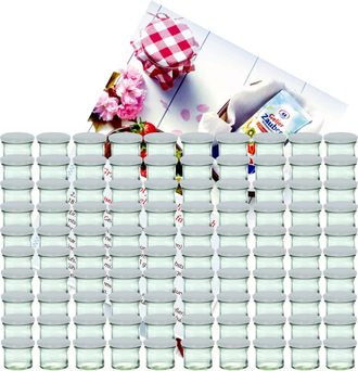 MamboCat 100er Set Sturzglas 125 ml Marmeladenglas Einmachglas Einweckglas to 66 silberner Deckel incl. Diamant-Zucker Gelierzauber Rezeptheft