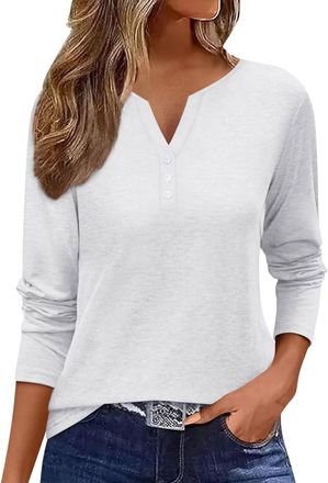 Minetom T Shirt Damen Langarmshirt V-Ausschnitt Knopfleiste Elegant Oberteile Basic Tops Einfarbig T-Shirt Weiß XXL