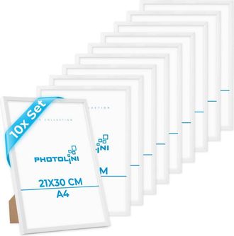 Photolini Bilderrahmen A4 21x30 cm Weiß, 10er Set Kunststoff-Rahmen schmal, bruchsicheres Acrylglas, zum Aufstellen und Aufhängen, extra Zubehör - Dokumentenrah