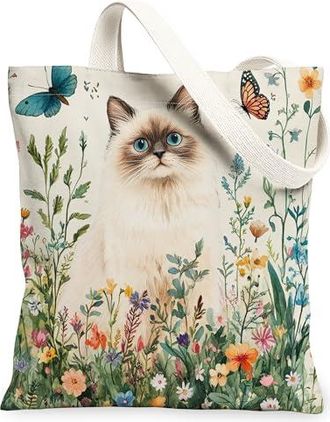 Generic Sac fourre-tout en toile motif chat ragdolls printanier 33 x 38,1 cm, sac d&eacute;picerie r&eacute;utilisable vintage pour femme, chaton, animal domestique, peintu