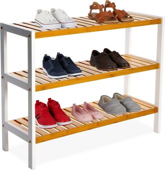 Relaxdays Schuhregal, HxBxT: 55 x 70 x 26 cm, Bambus, 3 Ebenen, 9 Paar Schuhe, Schuhst&auml;nder Gitterablagen, Natur/wei&szlig;