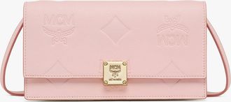 MCM Aren Portemonnaie aus gepr&auml;gtem Leder mit Monogramm und Kettenriemen LOTUS PINK LEATHER
