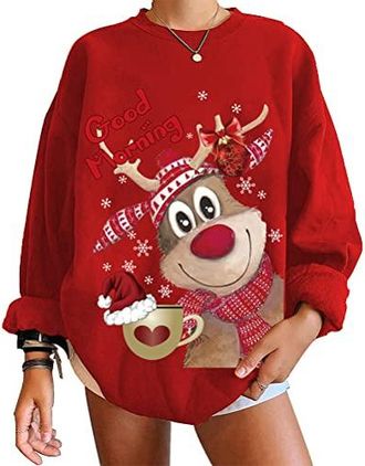 ORANDESIGNE Pull de Noël Femme Sweat Cadeaux Hiver Oversize Sweat-Shirt Manches Longues Tee Shirt Haut Ample Col Rond Noël Hiver Chaud Chic Ample Sweater Tops Swe