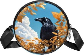 Generic Sac &agrave; bandouli&egrave;re rond pour femme, petit sac &agrave; bandouli&egrave;re avec fermeture &eacute;clair, bretelles r&eacute;glables, style d&eacute;contract&eacute;, motif corbeau