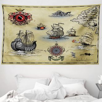 Abakuhaus Handgemalt Wandteppich und Tagesdecke, Antike Karte Pirat aus Weiches Mikrofaser Stoff Waschbar ohne Verblassen Digitaldruck, 230 x 140 cm, Beige Grau
