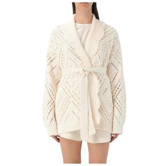 Twinset Femme, Pulls, Blanc, Taille: 38 FR Gilet en maille avec ceinture et motif ajouré