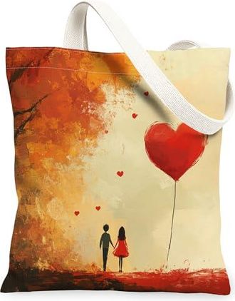 Generic Sacs fourre-tout en toile motif coeur dautomne, sacs r&eacute;utilisables, sacs dautomne vintage l&eacute;gers et lavables en toile pour voyage, pique-nique 33 x 38