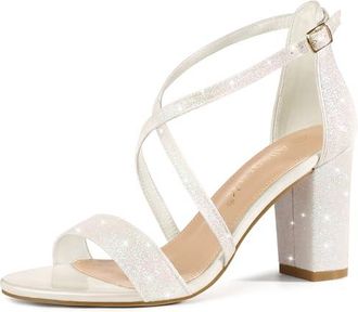 Allegra K Femmes Sandales Talons Blocs Sangles Entrecrois&eacute;es Scintillantes blanche 37