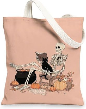 Generic Sac fourre-tout fantaisie en toile motif squelette vintage, réutilisable, léger et lavable, pêche, 13x15 Inch