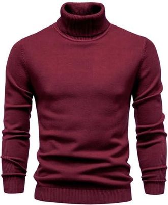 Generic Chemise c&ocirc;tel&eacute;e &agrave; col roul&eacute; pour homme, coupe ajust&eacute;e, pull en tricot d&eacute;contract&eacute; &agrave; col roul&eacute;, couche basique, hauts torsad&eacute;s, rouge fonc&eacute;, XXL