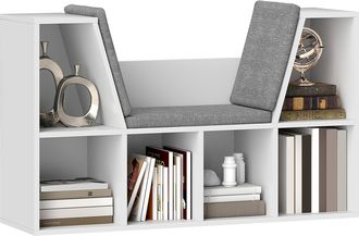 HOMCOM Bücherregal Aufbewahrungsregal mit Sitzbank, Fächern Spielzeugregal Bücherschrank für Schlafzimmer, 105 x 30 x 63 cm Weiß