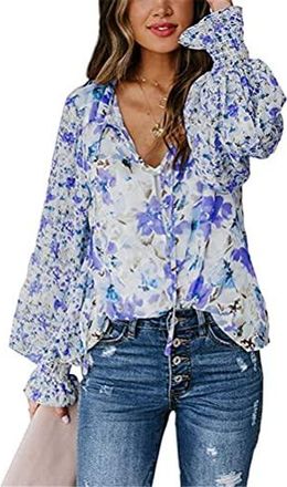 TOMWELL Chemisier Femme Col V Floral Imprimé Blouse Élégant Haut Manches Longues Tunique Ample Fluide Mousseline de Soie Vintage T-Shirt Femme Tops Décontract