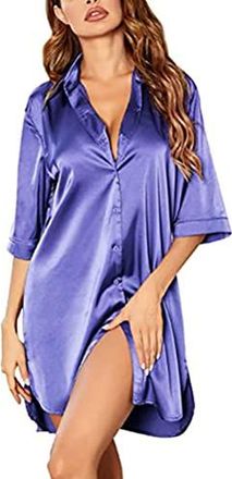 ORANDESIGNE Femme Sexy Chemise de Nuit Satin Longue Robe de Nuit Couleur Unie Robe en Satin Col en V Confortable Chemise de Nuit Sexy A Violet XL