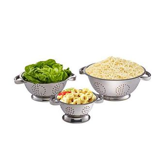 Relaxdays Sieb Set, 3 x Nudelsieb, Seiher &Oslash; 15 cm, 20 cm & 25 cm, Edelstahl rostfrei, mit Griffen, Abtropfsieb, silber