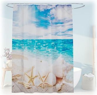 Relaxdays Duschvorhang Muscheln, Bad Vorhang 180x200, Anti-Schimmel, waschbar, 12 Ringe, Badewannenvorhang, Mehrfarbig