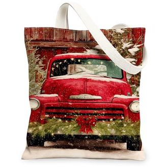 Generic Sacs fourre-tout en toile vintage de Noël, motif camion rouge rustique, sacs dépicerie réutilisables, en toile légère et lavable pour lhiver, Rouge, 1