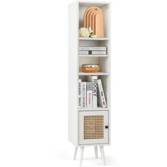 Costway Costway - Meuble Colonne de Rangement avec Porte Rotin et Pieds en Bois Massif, 29,5x29,5x137cm, Blanc