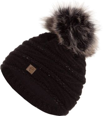 Faera Winterm&uuml;tze M&uuml;tze Damen warm gef&uuml;ttert mit Pailletten Kunstfell Bommel-M&uuml;tze Fleecefutter Winter Herbst Strickm&uuml;tze Beanie M&auml;dchen 62, Farbe:Schwarz