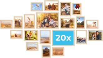 Photolini Bilderrahmen Set verschiedene Gr&ouml;&szlig;en, Bilderwand Collage 20 Rahmen, Bilderrahmen-Set Natur Holz MDF zum Aufstellen & Aufh&auml;ngen, Acrylglas, photo frame
