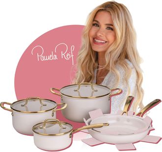 Fackelmann x Pamela Reif 10-teiliges Topf- und Pfannen-Set - gepresstes Aluminium, pastell beige, inklusive Pfannenschutz, f&uuml;r alle Herdarten geeignet