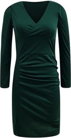 Generic Robes amincissantes 2022 pour femmes, jupe tendance, couleur unie, manches longues, col en V, longueur professionnelle, mince, &eacute;l&eacute;gante, Vert, XL