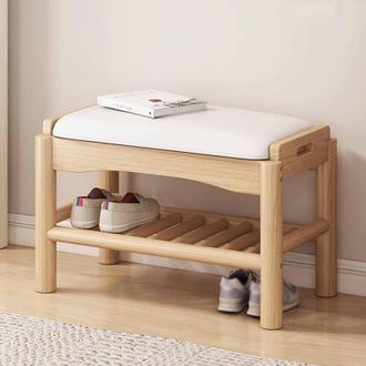 Generic Schuhbank Aus Massivholz Mit Kissen - 2-stöckiges Schuhregal for Eingangsbereich, Wohnzimmer, Schlafzimmer(Natural,45x30x40cm)