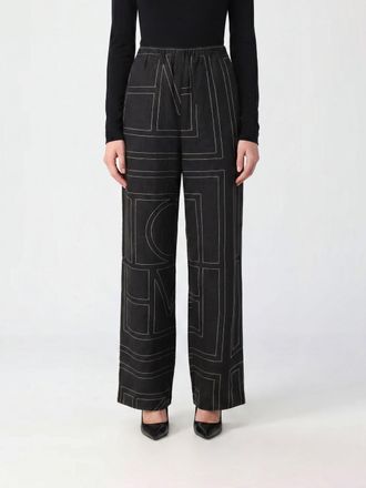 Toteme Pantalon palazzo taille haute en soie &agrave; imprim&eacute; logo