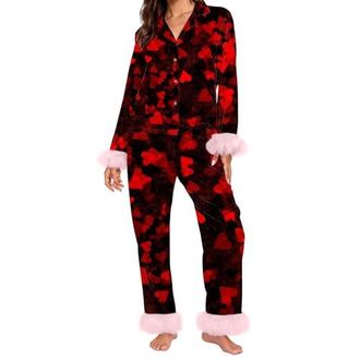 Generic Ensemble de pyjama en satin pour femme - V&ecirc;tement de nuit imprim&eacute; coeur - Haut et pantalon boutonn&eacute;s - Tenue 2 pi&egrave;ces - Pyjama en soie doux et confort