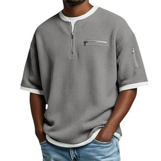 Generic DENGJIAMY Chemise gaufr&eacute;e &agrave; manches courtes tendance faux t-shirt deux pi&egrave;ces d&eacute;contract&eacute; pour vacances T-shirt de vacances avec fermeture &eacute;clair et c