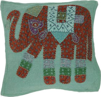 Guru Shop Indische Kissenh&uuml;lle, Besticktes Elefanten Ethnostyle Kissen - Aqua, Baumwolle, 40x40 cm