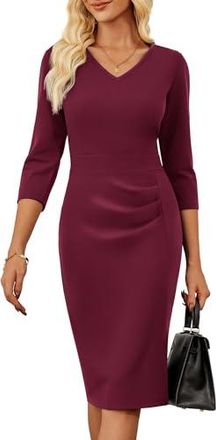 Grace Karin Robe Business Femme Robe Midi Manches Trois Quarts Fendue &Eacute;l&eacute;gante Bureau Rouge Fonc&eacute; XL