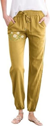 Generic Pantalon en coton et lin pour femme - Jambe large - Pantalon de plage d&eacute;t&eacute; pour femme - Confortable - Pantalon de yoga Palazzo XIYU26033, jaune, XXL