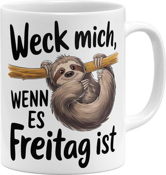 OM3 witzige Kaffee-Tasse mit Spruch - Faultier (Sloth) - Wecke mich auf, wenn es Freitag ist - Spruchtasse - Statement - Keramik Becher - 325ml - Beidseit