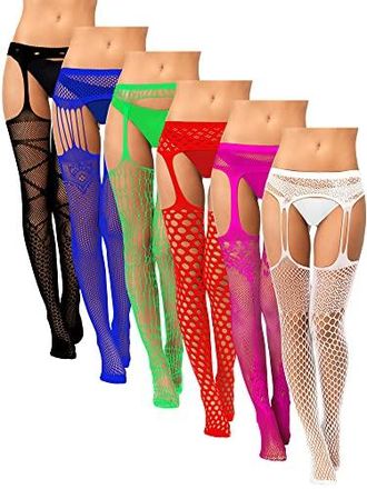 Syhood 6 Paires de Bas Collants Résille CuisseHaut Femme Bas Collants Porte-Jarretelles (Noir, Saphir, Vert Fluorescent, Rouge Vif, Rose, Blanc)