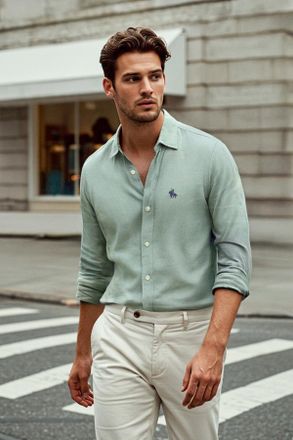 Trendyol MAN Herren Gr&uuml;n Bestickt Lang Regular Fit Hemden