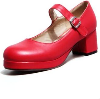 Generic Femmes Rond - Orteil Mary Jane Talons Bloc Talon Bureau Pompes Plate-Forme Cheville Sangle Mariage Chaussures De Fête 5.5Cm,Rouge,43 EU