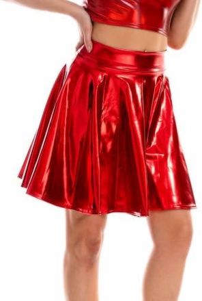 Generic Mini jupe patineuse &eacute;vas&eacute;e en cuir m&eacute;tallique brillant pour femme, jupe patineuse pliss&eacute;e taille haute pour festival, spectacle, f&ecirc;te, tenue iris&eacute;e fl