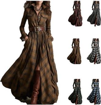 Generic Robe Chemise &agrave; Carreaux Maxi Robe Chemise Femme Manches Longues Boutonnage Devant Robes Maxi &agrave; Carreaux Col V Bouton Robes Fendues avec Poches Style R
