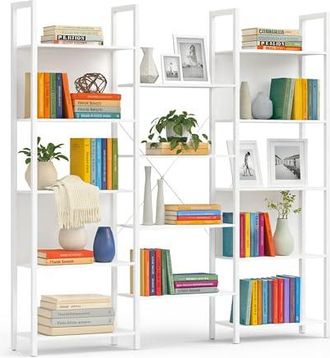 Relaxdays Bücheregal Industrial, 14 Ablagen, Holzoptik & Metall, Standregal Wohnzimmer & Büro HBT: 166x158x24 cm, weiß