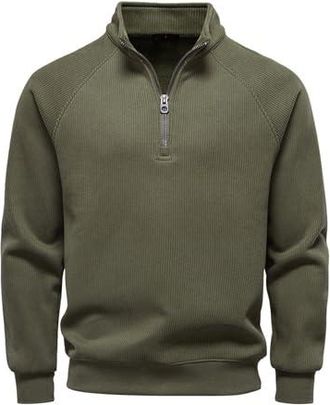 Generic Pull à fermeture éclair 1/4 pour homme - Col montant - Manches longues - Chaud - Tendance - Pull décontracté en patchwork avec poche, Vert noir, XXL