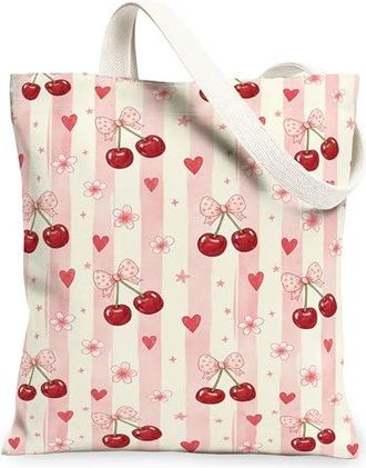 Generic Sacs fourre-tout en toile avec imprim&eacute; cerises, motif floral, sacs d&eacute;picerie, sacs d&eacute;picerie r&eacute;utilisables, l&eacute;gers et lavables, p&ecirc;che, 13x15 Inch