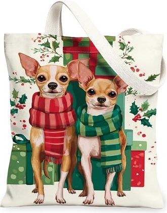 Generic Sac fourre-tout en toile pour chien de vacances, motif canin, sac de courses r&eacute;utilisable, festif, r&eacute;tro, l&eacute;ger, lavable avec bandouli&egrave;re, Blanc, 13x1