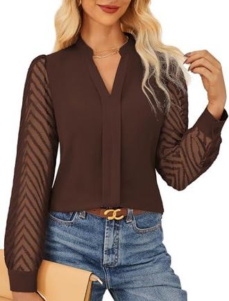 Grace Karin Chemisier daffaires élégant pour femme - Col en V - En dentelle - Manches transparentes - Pour le bureau, café, XXL