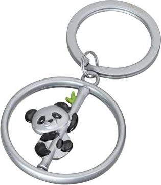 Troika Porte-clés panda sur tige rotative en bambou - Porte-clés panda en émail et métal moulé chromé et multicolore argenté - Cadeau original pour les amis 