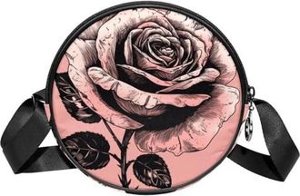 Generic Sac &agrave; bandouli&egrave;re Circle pour femme, petit sac &agrave; bandouli&egrave;re rose noire avec fermeture &eacute;clair, bretelles r&eacute;glables, sac &agrave; main rond d&eacute;contract&eacute; pour f