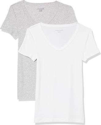Amazon Essentials Damen Kurz&auml;rmeliges T-Shirt mit V-Ausschnitt, Schmale Passform, 2er-Pack, Wei&szlig;/Hellgrau Meliert, XXL