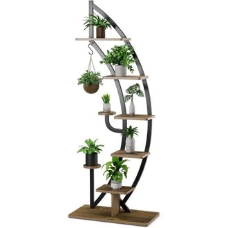 Costway Costway - 6-stufiger Metall-Pflanzenst&auml;nder in Halbmondform, mit 2 kleine Ablagen & oberem Haken, Pflanzenregal Kippschutz, 30x60x155 cm 1 St&uuml;ck