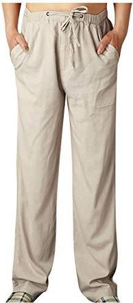 Generic Pantalon surdimensionn&eacute; en coton et lin pour homme - Tendance - Grande taille - Taille &eacute;lastique - Poches - Pantalon long et l&eacute;ger, kaki, 3XL